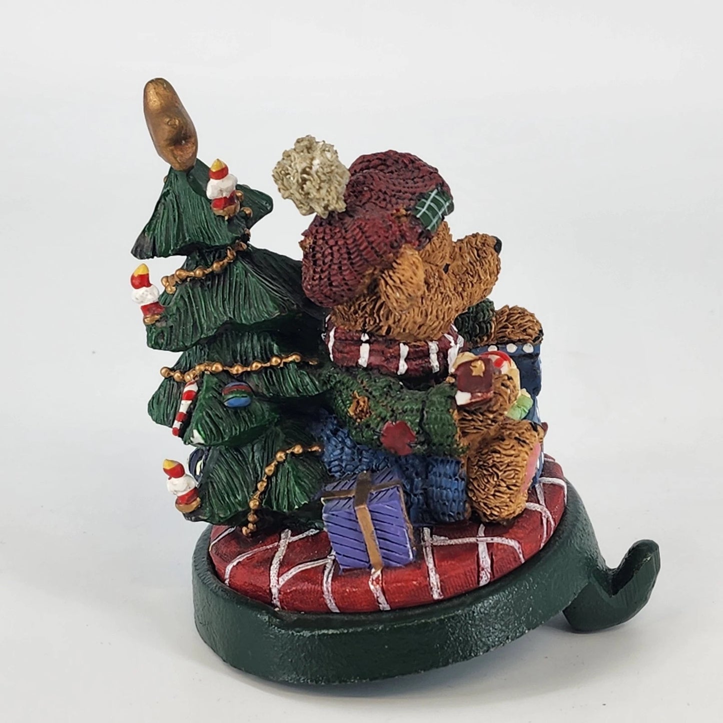 Christmas Stocking Holder Granduer Noel Bear & Tree Cast Iron Base Fig ...